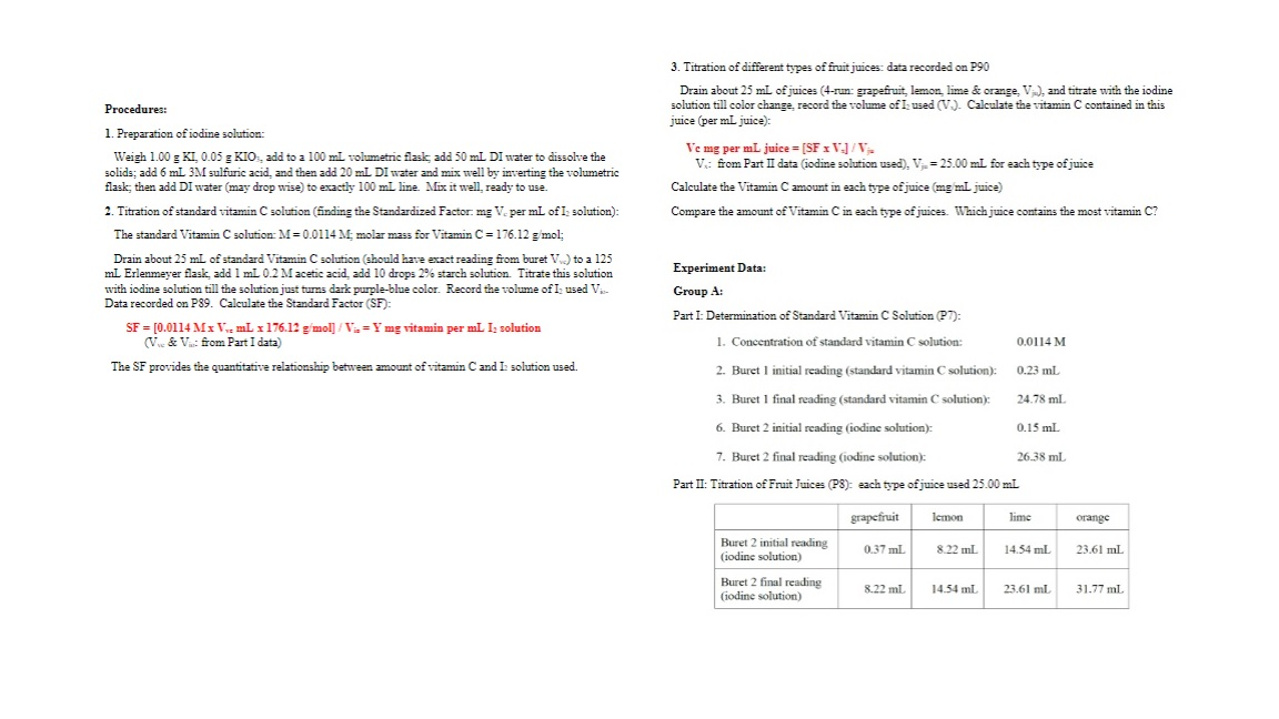 Solved Calculate the Vitamin C amount in each type of Juice | Chegg.com