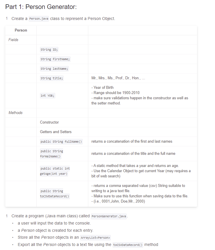 Solved Part 1: Person Generator: 1 Create a person.java | Chegg.com