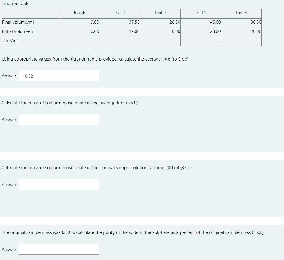 Titration table Rough Trial 1 Trial 2 Trial 3 Trial 4 | Chegg.com