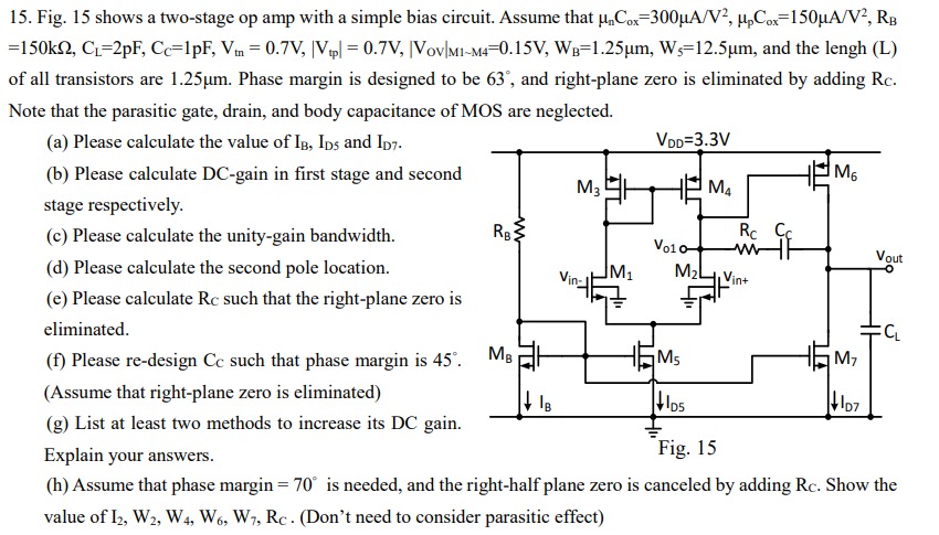 Solved Fig. 15 ﻿shows a two-stage op amp with a simple bias | Chegg.com