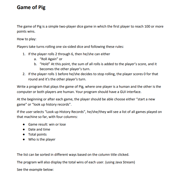 Solved Game of Pig The game of Pig is a simple two-player | Chegg.com