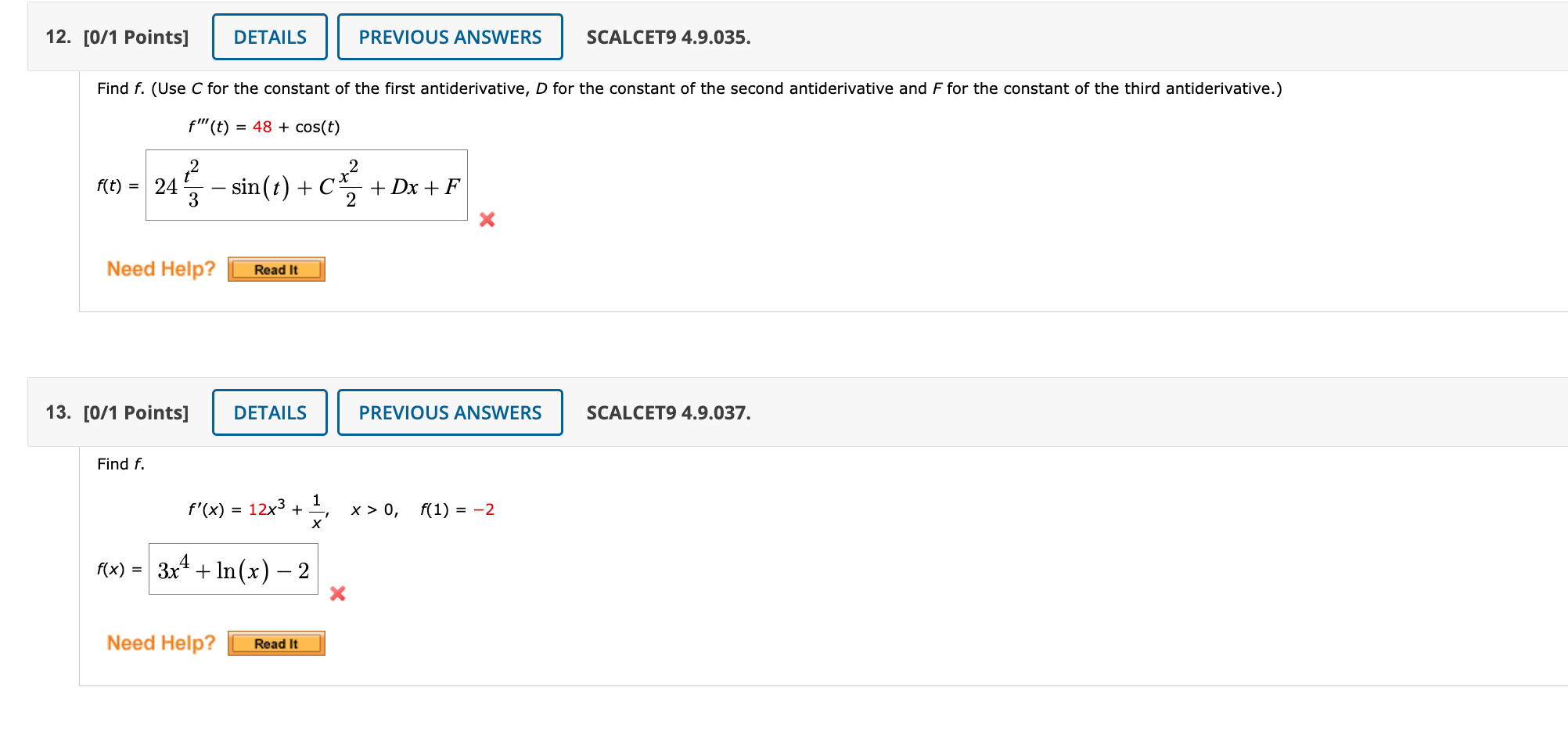 Solved [0/1 Points] SCALCET9 4.9.035. Find f. (Use C for the | Chegg.com