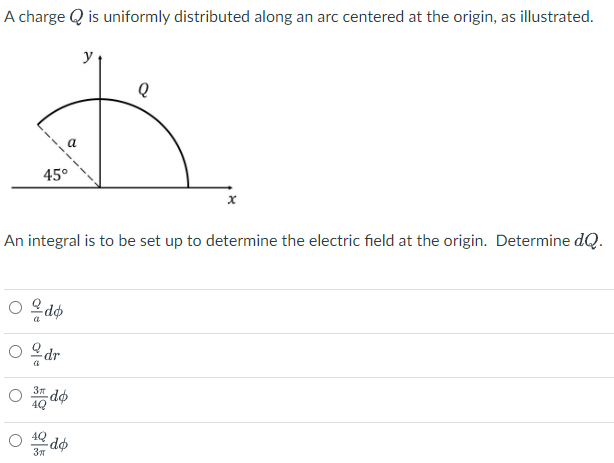 Solved A charge Q is uniformly distributed along an arc | Chegg.com