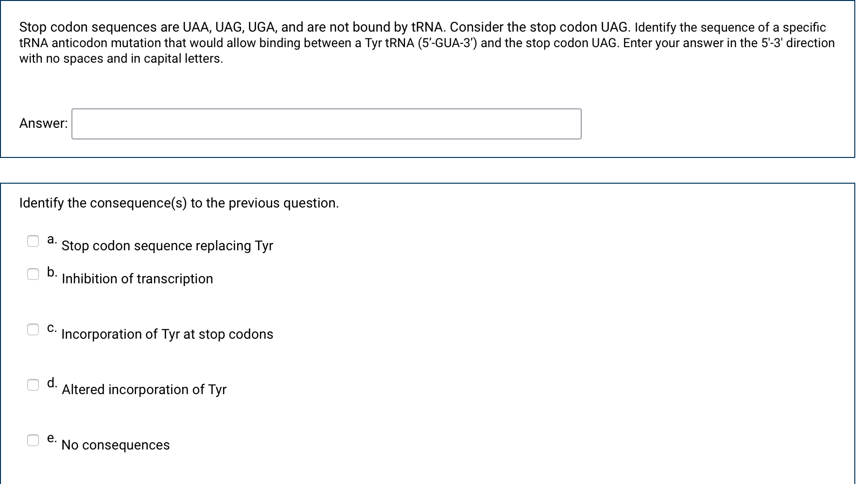 Solved Stop codon sequences are UAA, UAG, UGA, and are not | Chegg.com