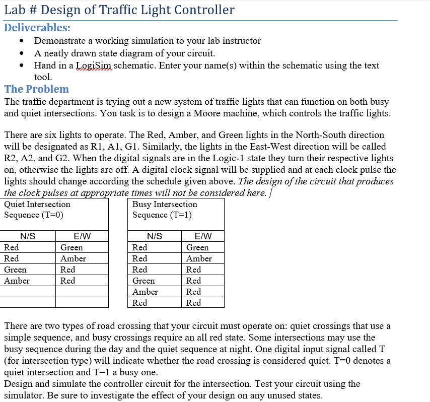 Lab # Design of Traffic Light Controller | Chegg.com