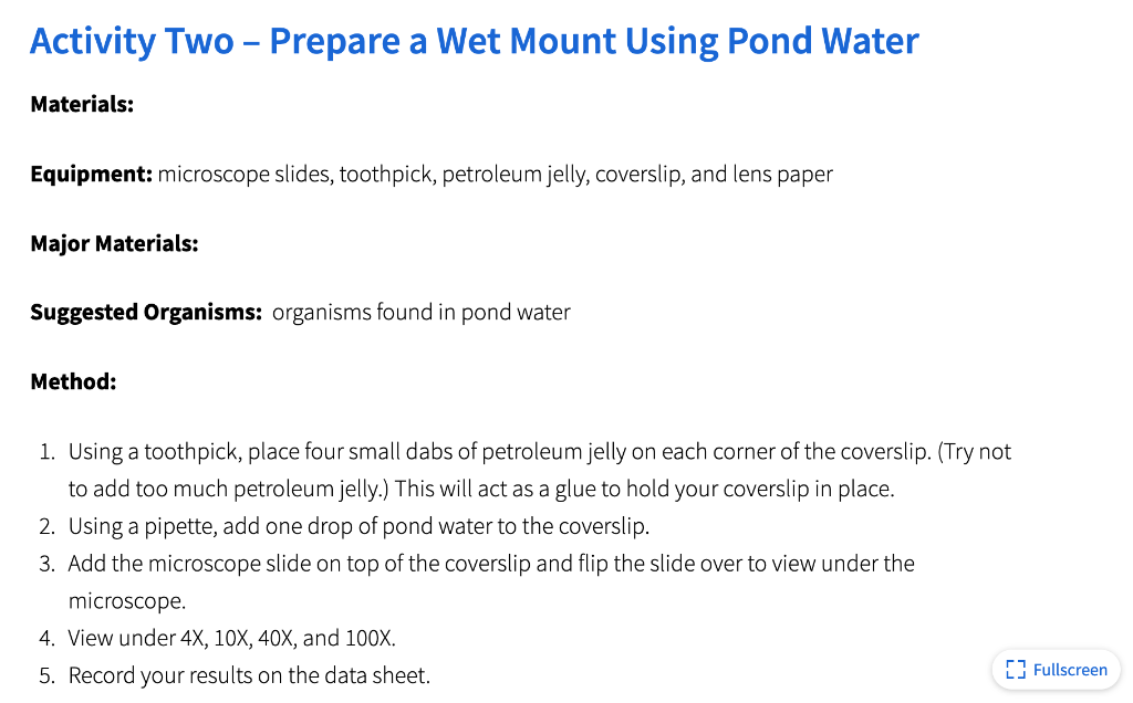 Activity Two - Prepare a Wet Mount Using Pond Water | Chegg.com