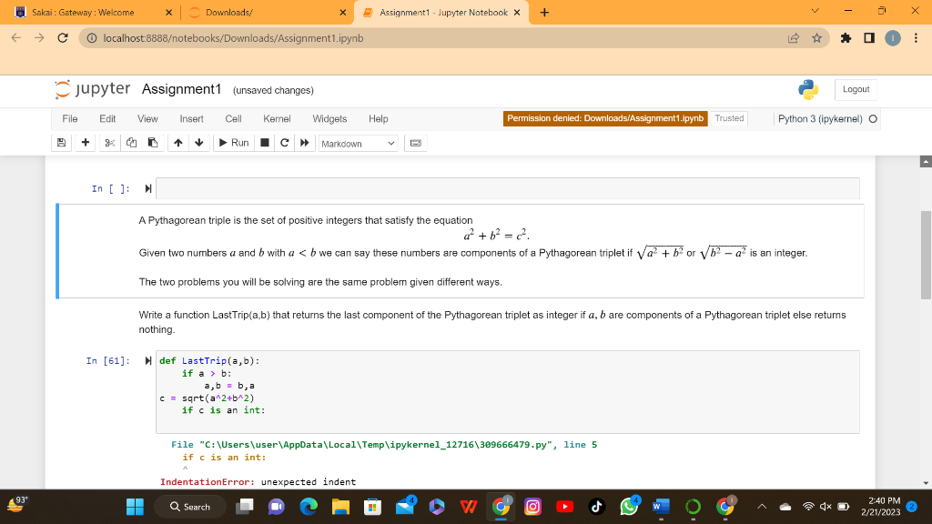 Solved A Pythagorean triple is the set of positive integers | Chegg.com