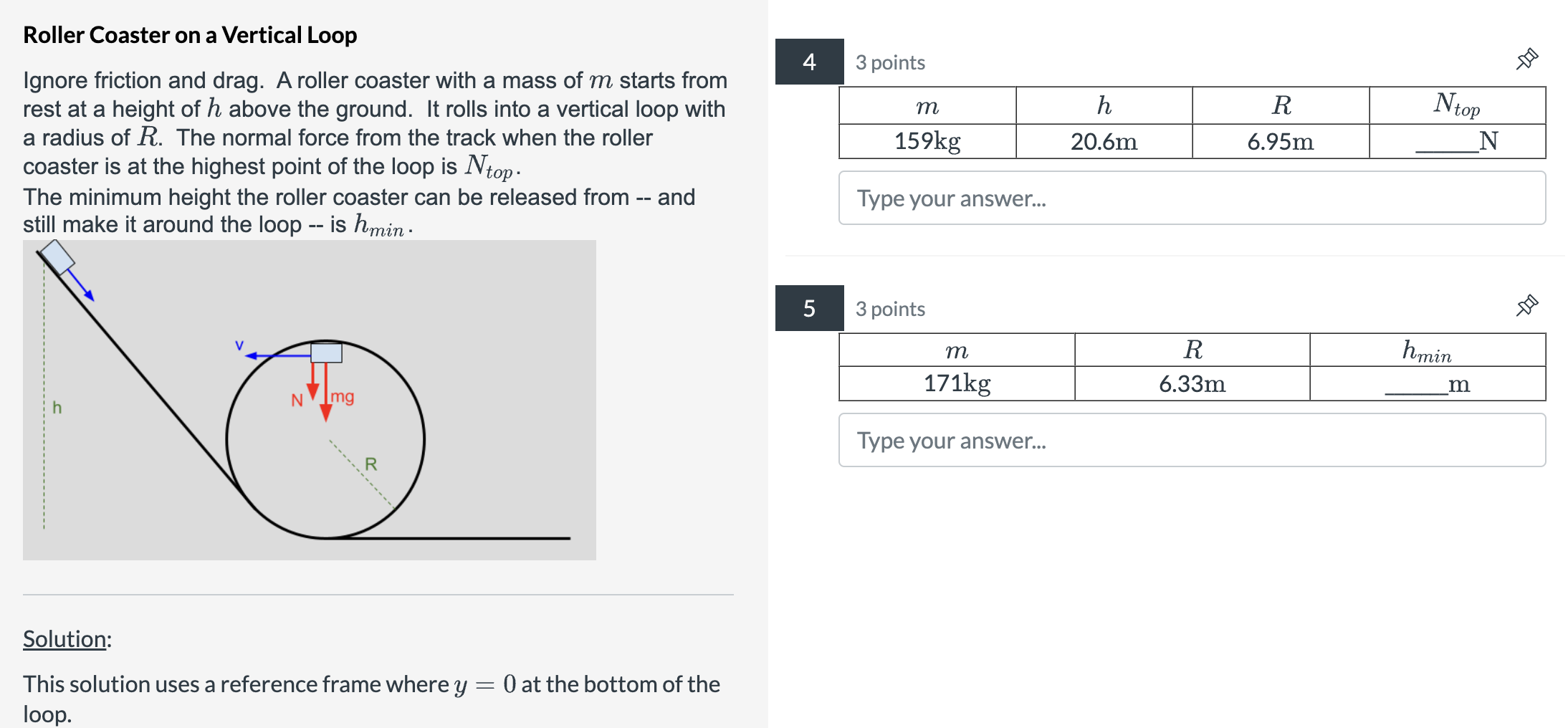 Solved Roller Coaster on a Vertical Loop Ignore friction and | Chegg.com