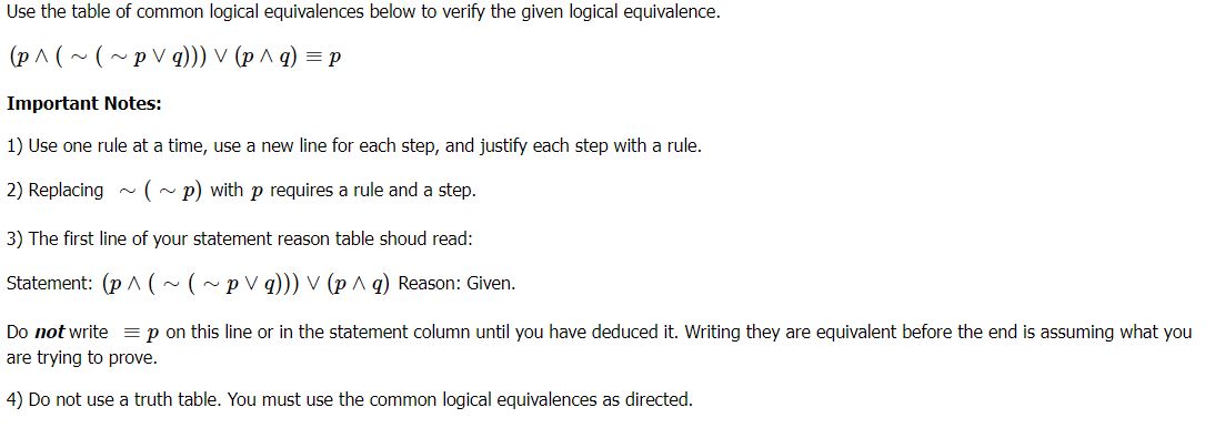 Solved Use the table of common logical equivalences below to | Chegg.com