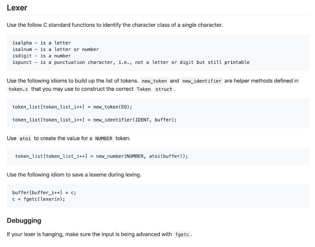 I need help completing the lexer.c file. There are a | Chegg.com