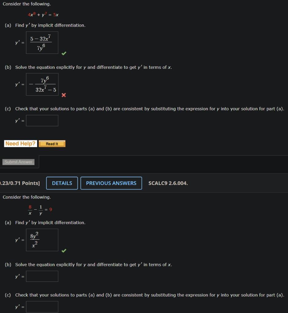 Solved Consider the following. 4x8+y7=5x (a) Find y′ by | Chegg.com