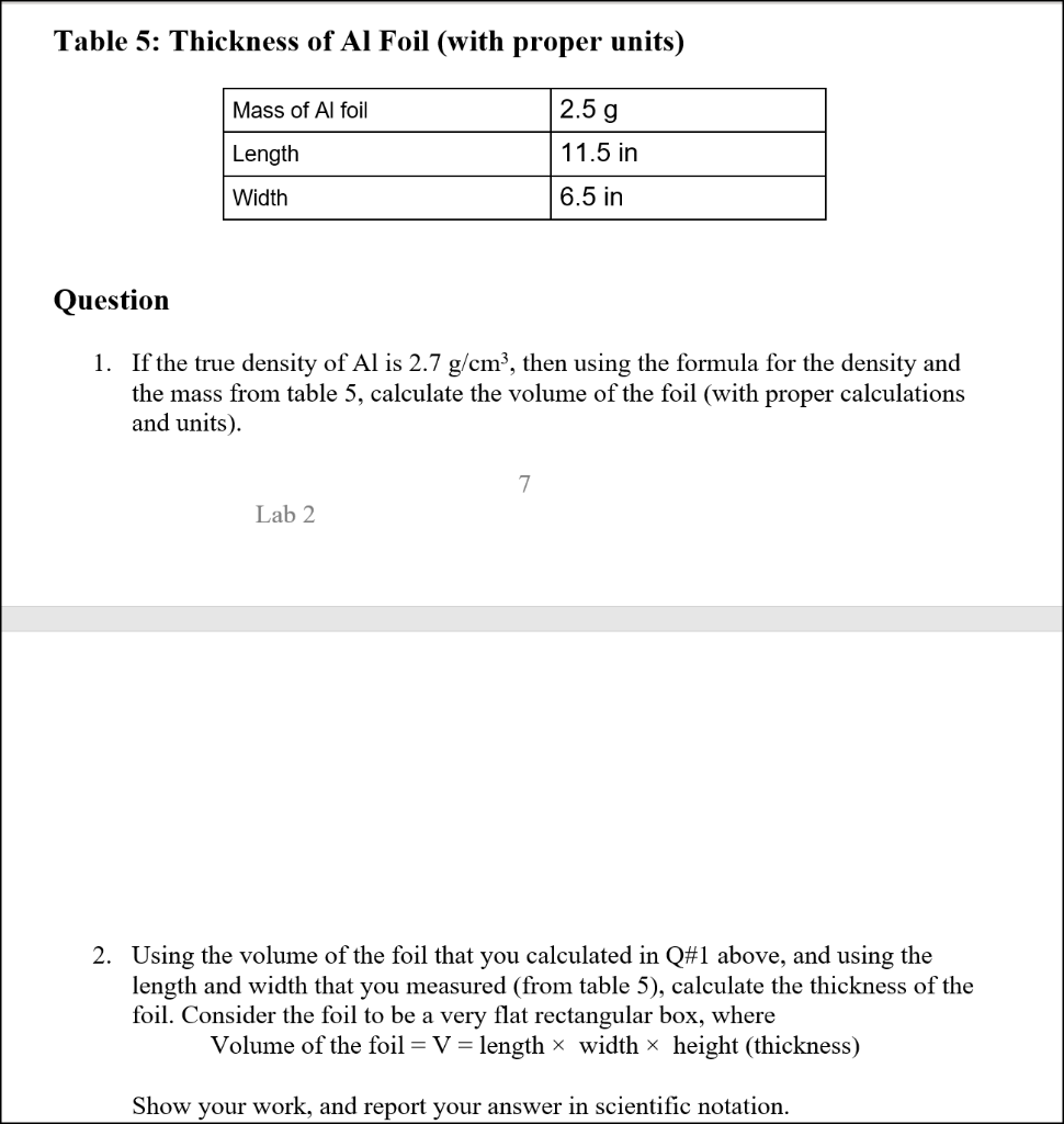 Solved Table 5: Thickness of Al Foil (with proper units) | Chegg.com