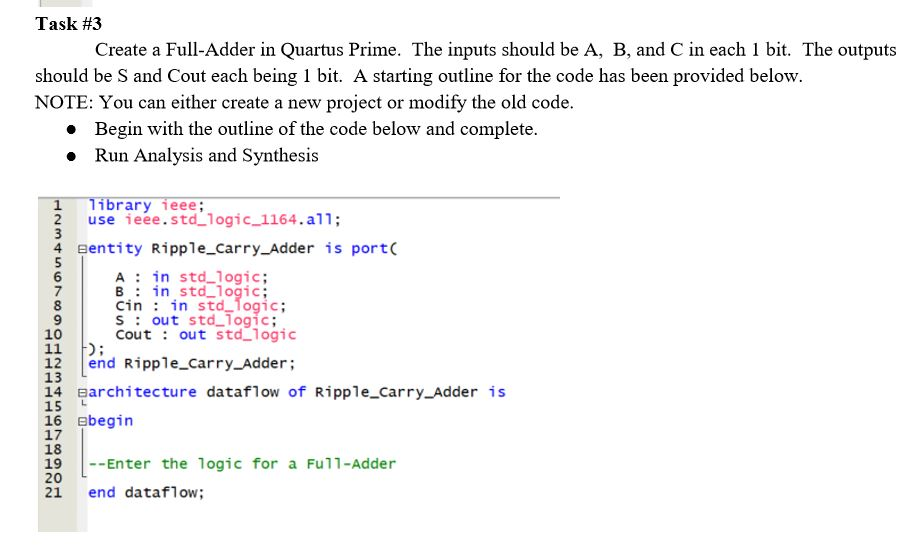 Task #3 Create a Full-Adder in Quartus Prime. The | Chegg.com