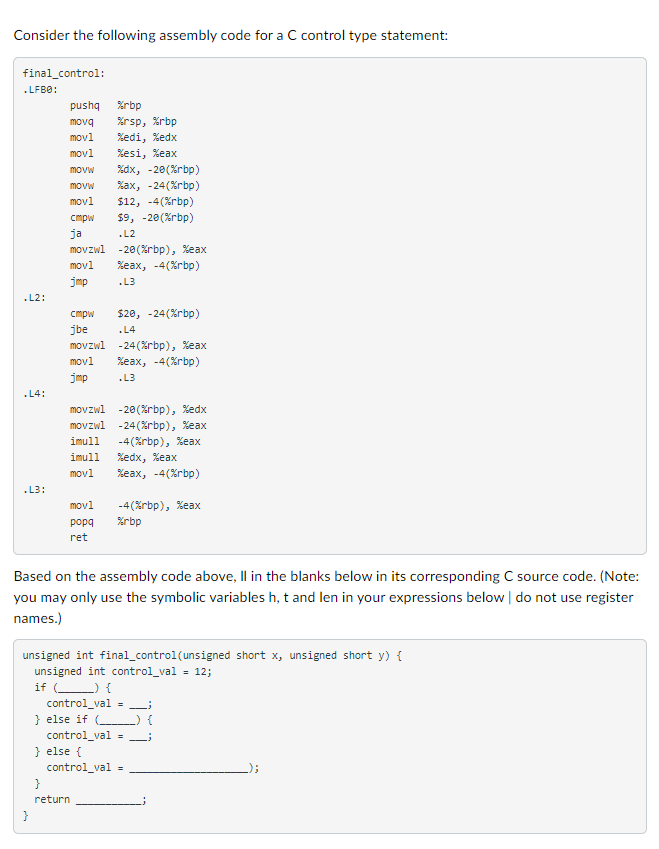 Solved Consider the following assembly code for a C control | Chegg.com