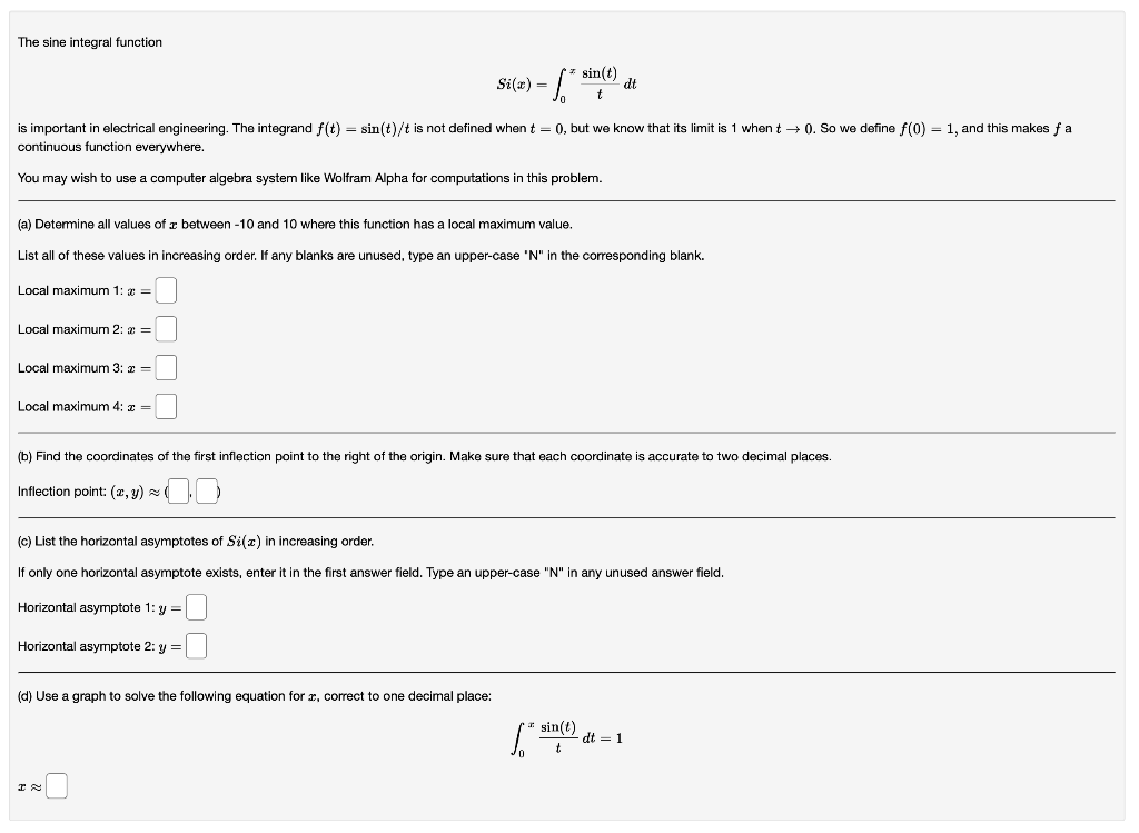 Solved The sine integral function Si(x)=∫0xtsin(t)dt is | Chegg.com