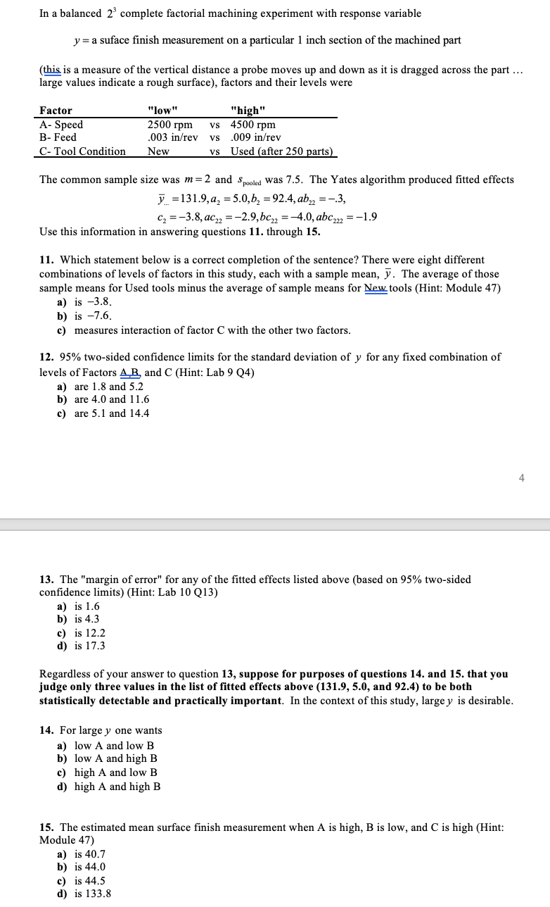 Solved In a balanced 23 complete factorial machining | Chegg.com