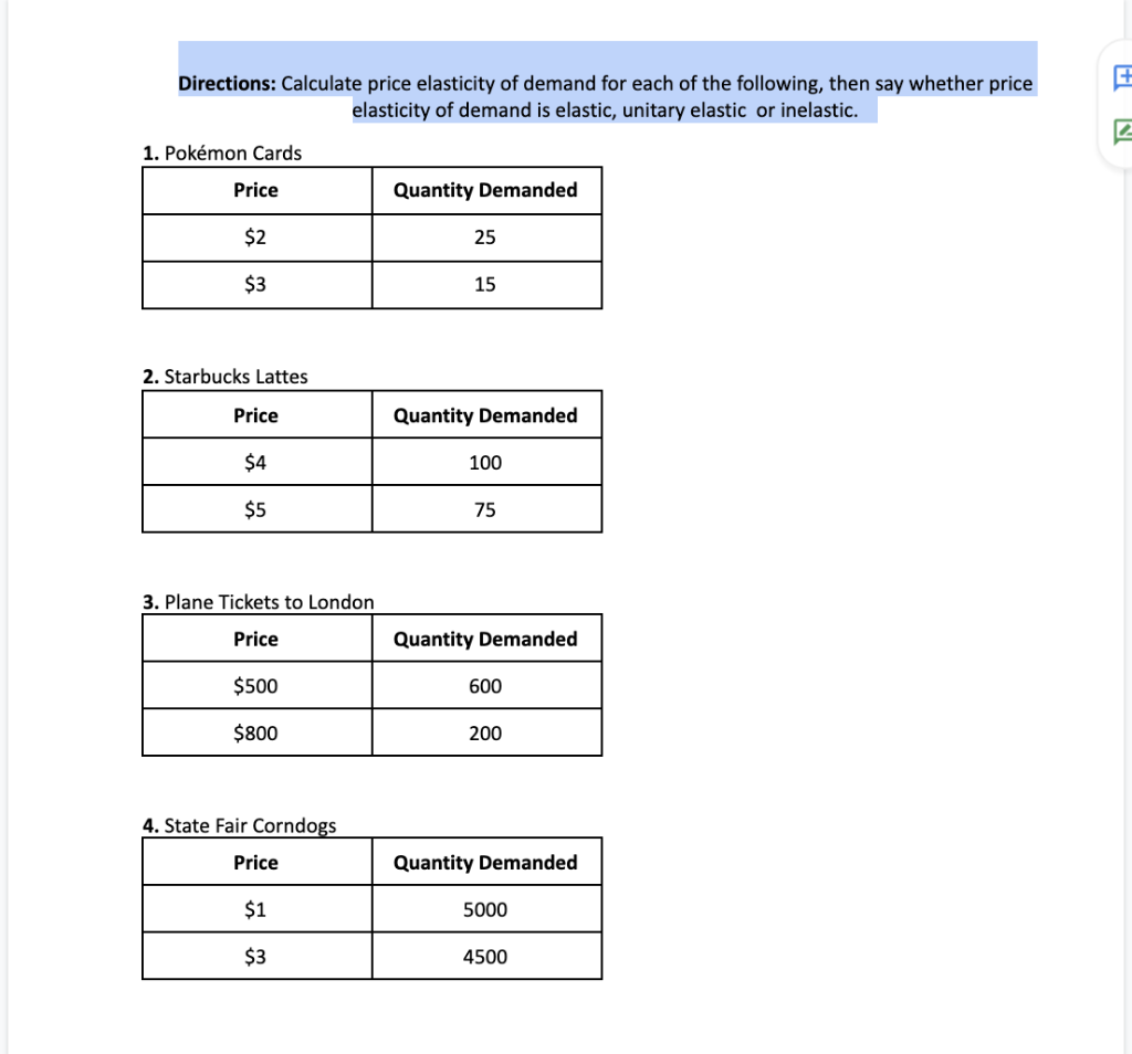 Solved Directions: Calculate price elasticity of demand | Chegg.com