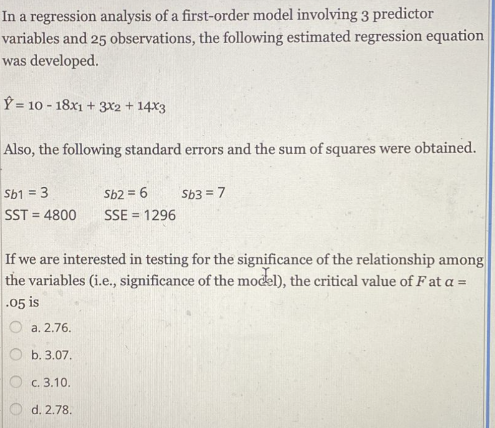 Solved In a regression analysis of a first-order model | Chegg.com