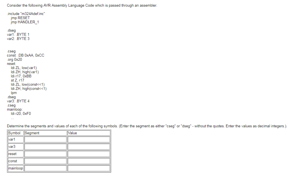 Consider the following AVR Assembly Language Code | Chegg.com