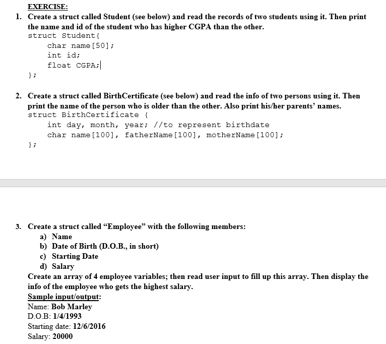 EXERCISE: 1. Create a struct called Student (see | Chegg.com