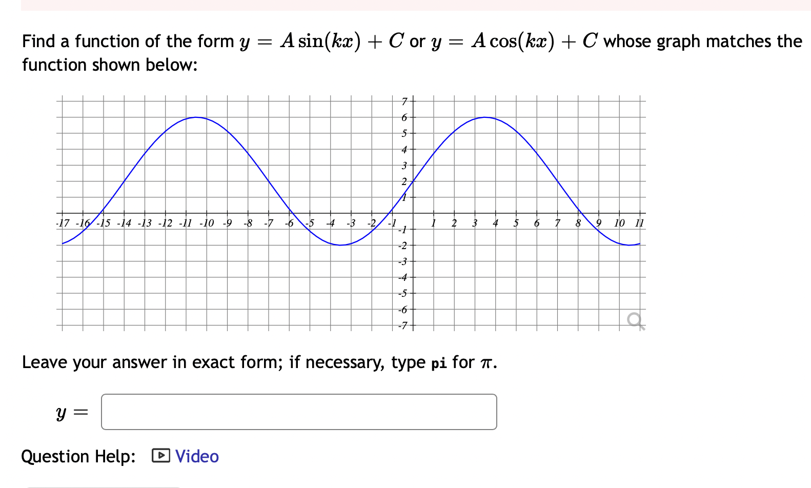 Solved Find a function of the form y= A sin (kx) + C | Chegg.com