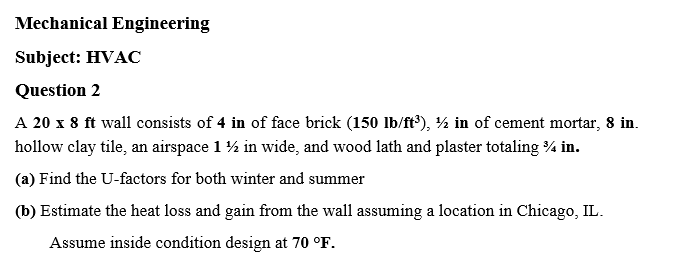Solved Mechanical Engineering Subject: HVAC Question 2 A 20 | Chegg.com