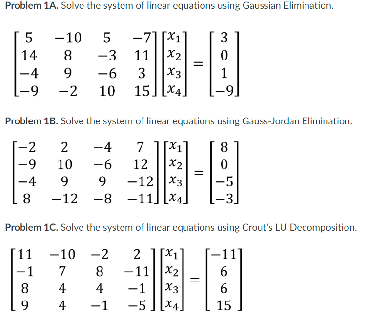 Solved Problem 1A. Solve the system of linear equations | Chegg.com
