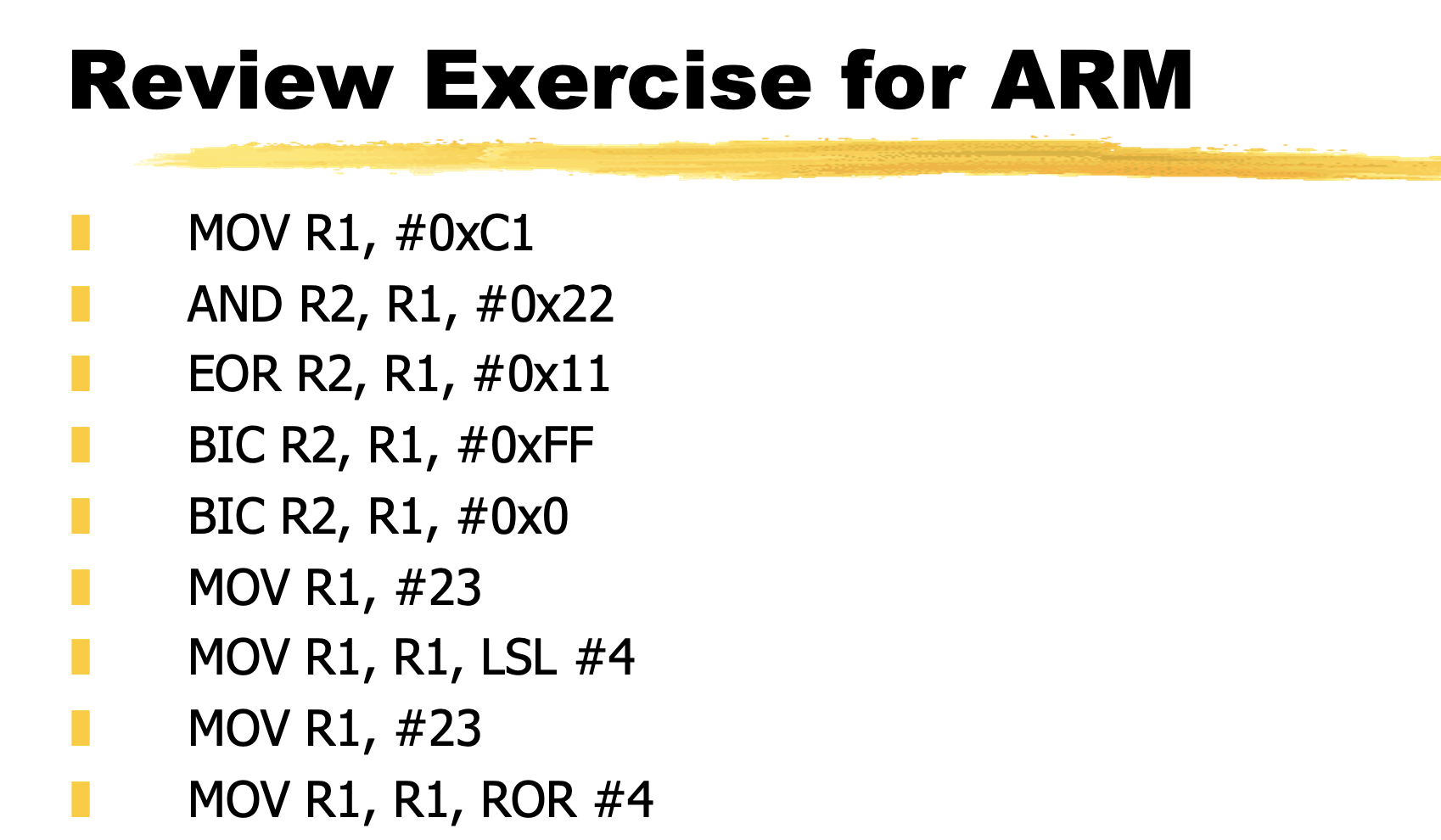 Solved Review Exercise for ARM MOV R1, #0xC1 AND R2, R1, | Chegg.com