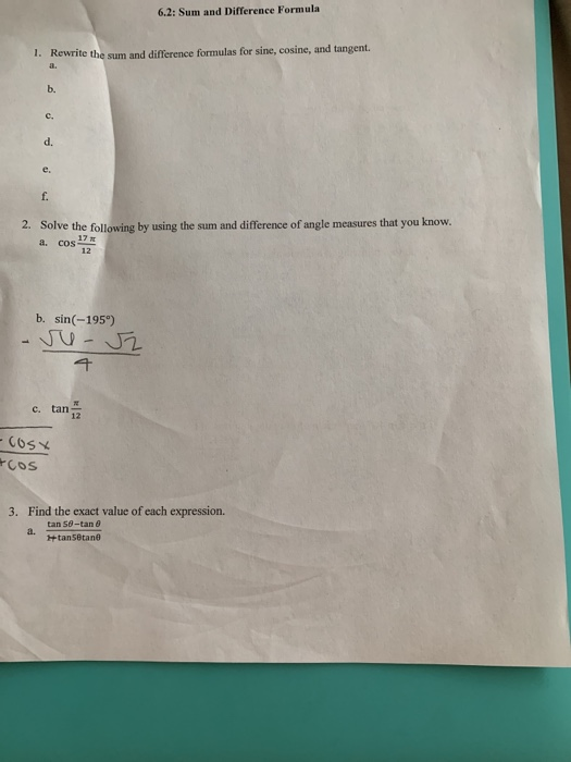 Solved 6 2 Sum And Difference Formula 1 Rewrite Te The Sum