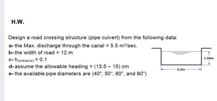 Solved H.W. Design a road crossing structure (pipe culvert) | Chegg.com