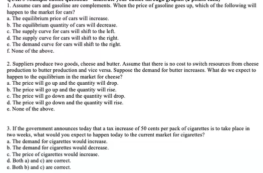 Solved 1. Assume cars and gasoline are complements. When the | Chegg.com