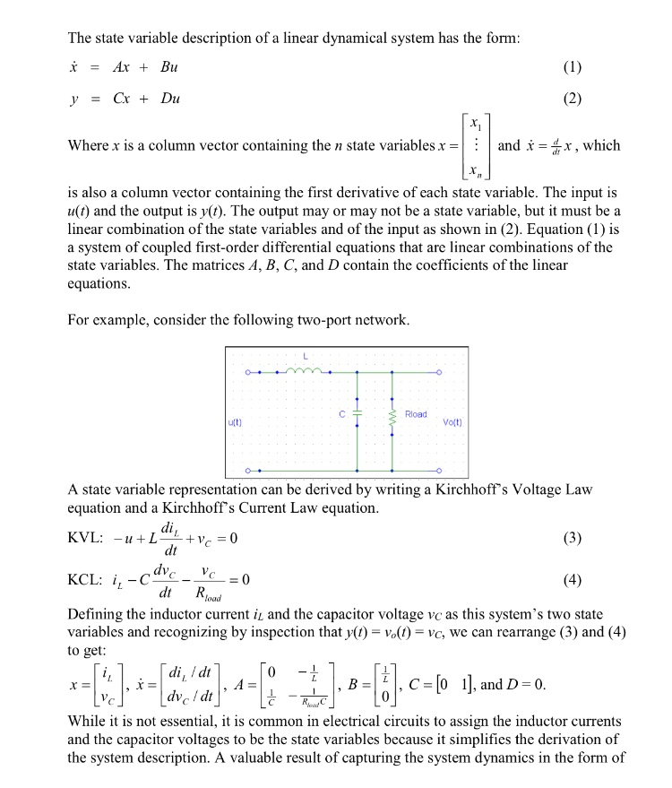 Solved The state variable description of a linear dynamical | Chegg.com