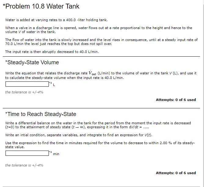 Solved *Problem 10.8 Water Tank Water is added at varying | Chegg.com