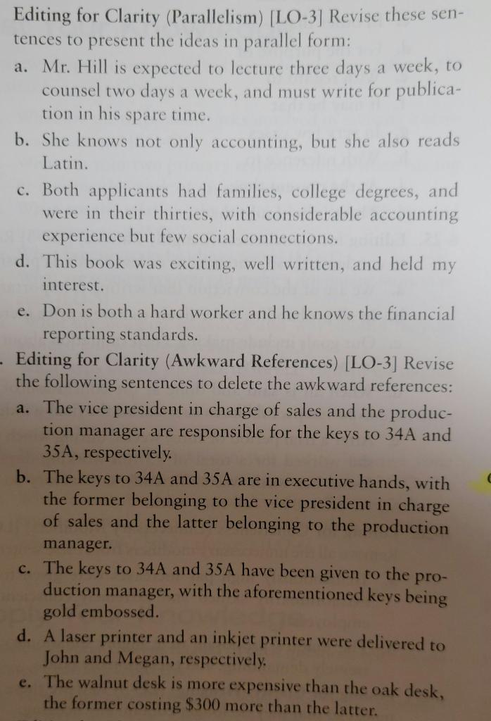 Solved Editing for Clarity (Parallelism) [LO-3] Revise these | Chegg.com