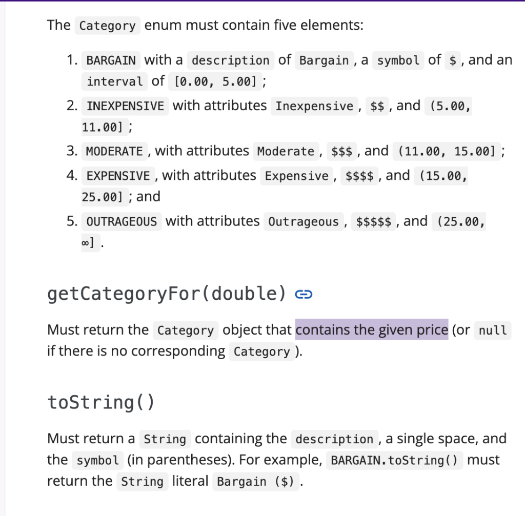 The Category enum must contain five elements: 1 1. | Chegg.com