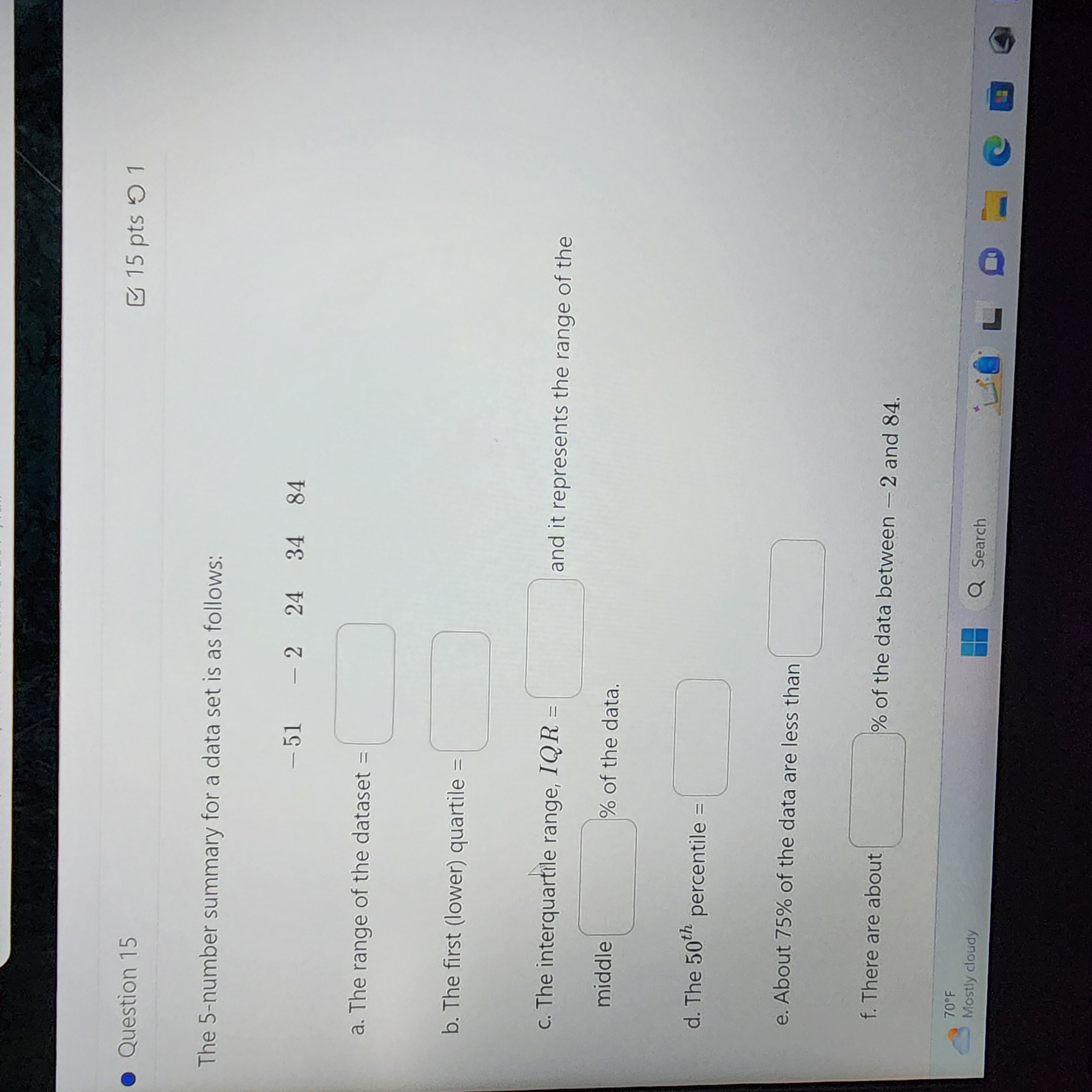 Solved The 5-number summary for a data set is as follows: | Chegg.com