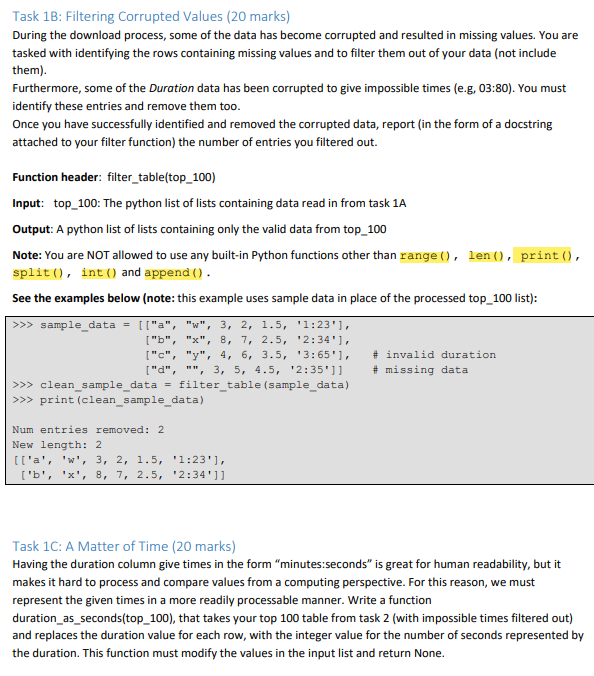 Solved Task 1B: Filtering Corrupted Values (20 marks) During | Chegg.com