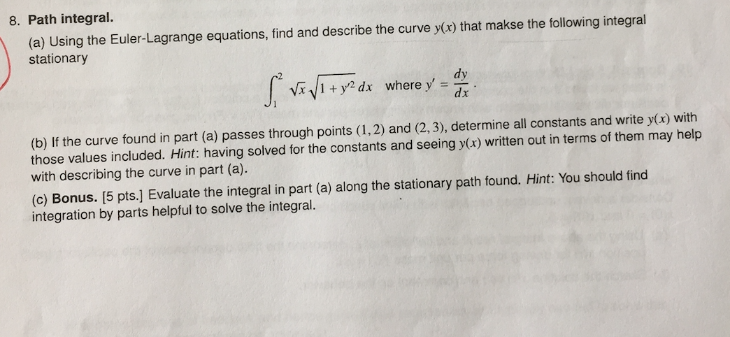 Solved 8. Path integral. (a) Using the Euler-Lagrange | Chegg.com