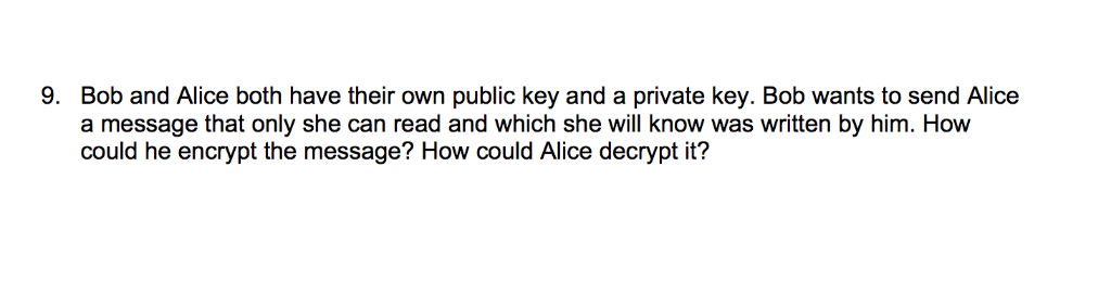 Solved 9. Bob and Alice both have their own public key and a | Chegg.com
