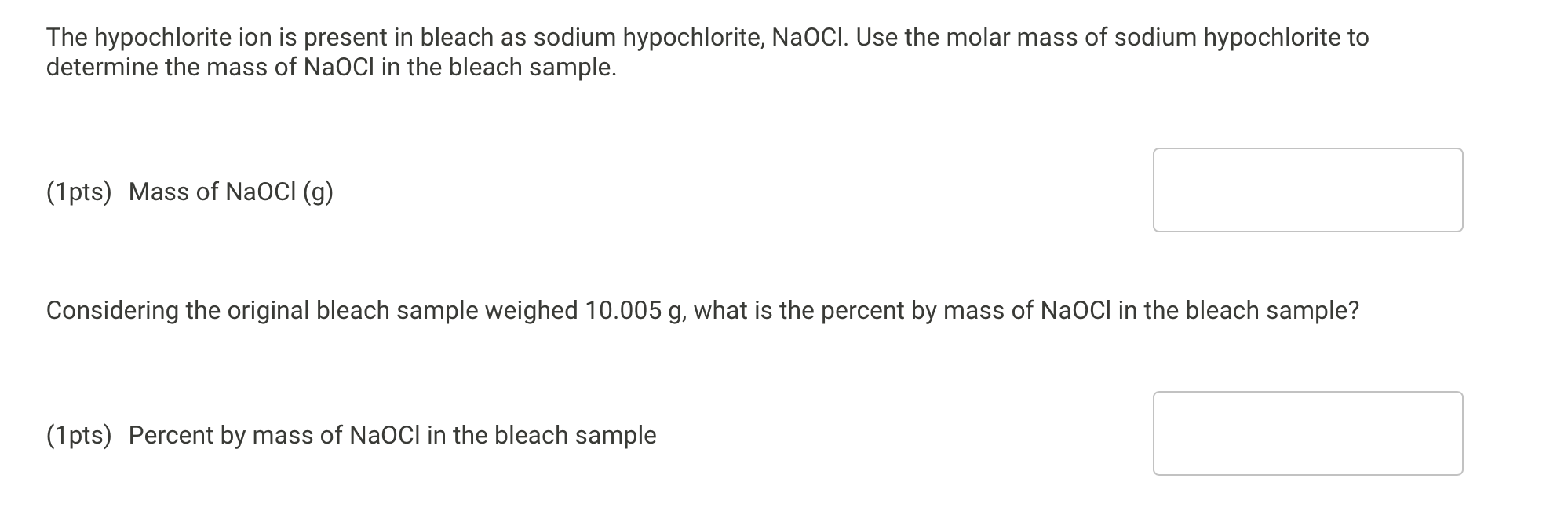 Solved A 10.005 g sample of bleach was diluted in a 100 mL | Chegg.com