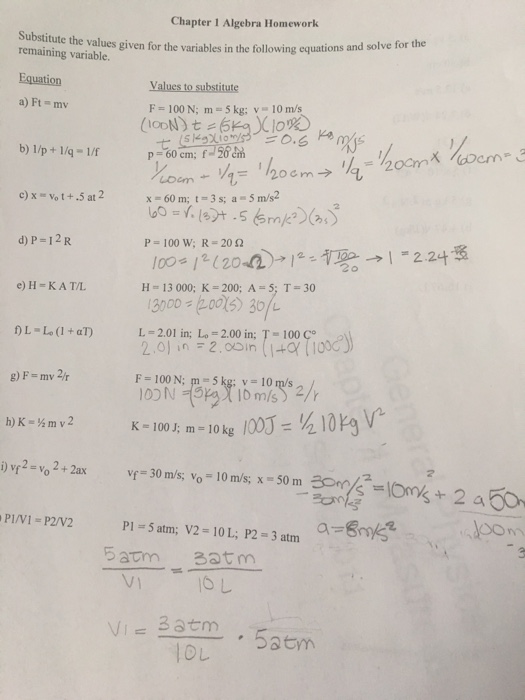 Solved Chapter 1 Algebra Homework Substitute the values | Chegg.com