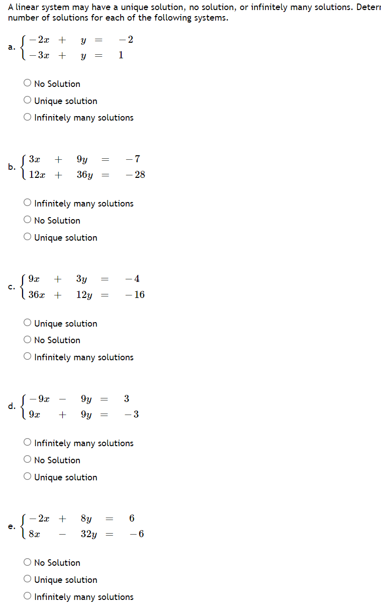 Solved A linear system may have a unique solution, no | Chegg.com