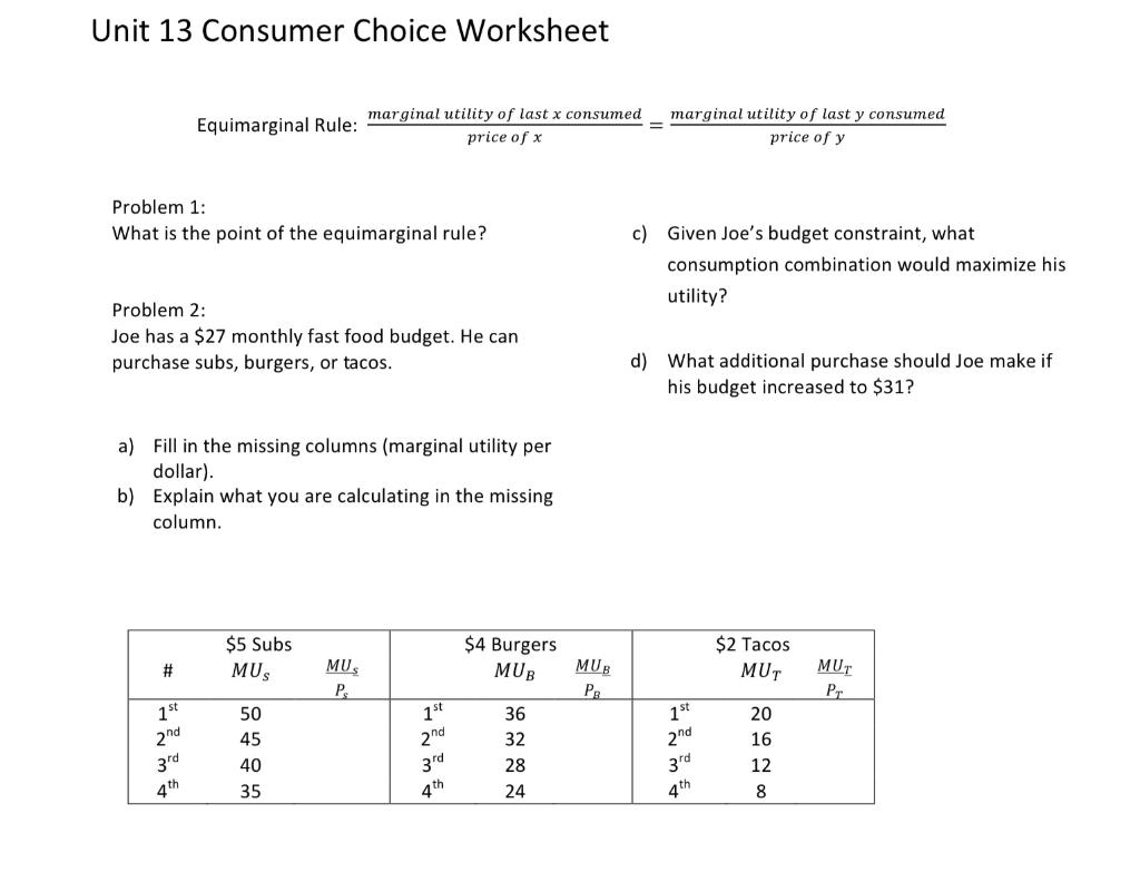 Solved Unit 13 Consumer Choice Worksheet Equimarginal Rule: | Chegg.com