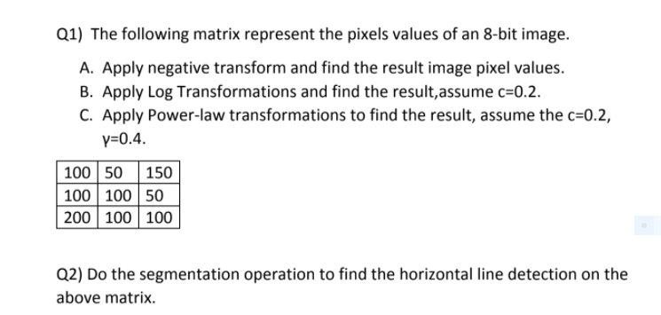Solved Q1) The following matrix represent the pixels values | Chegg.com