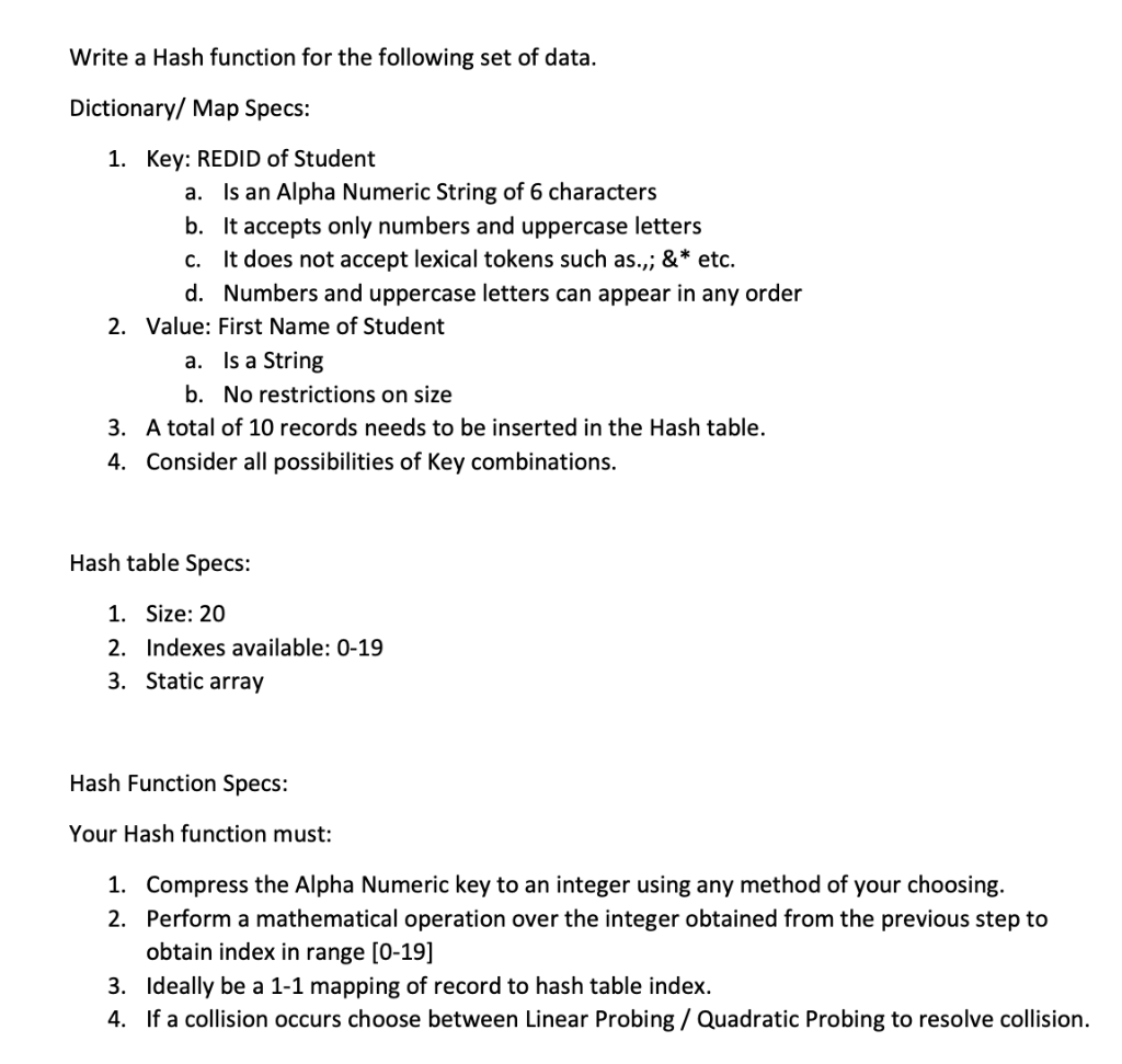 Solved Write a Hash function for the following set of data. | Chegg.com
