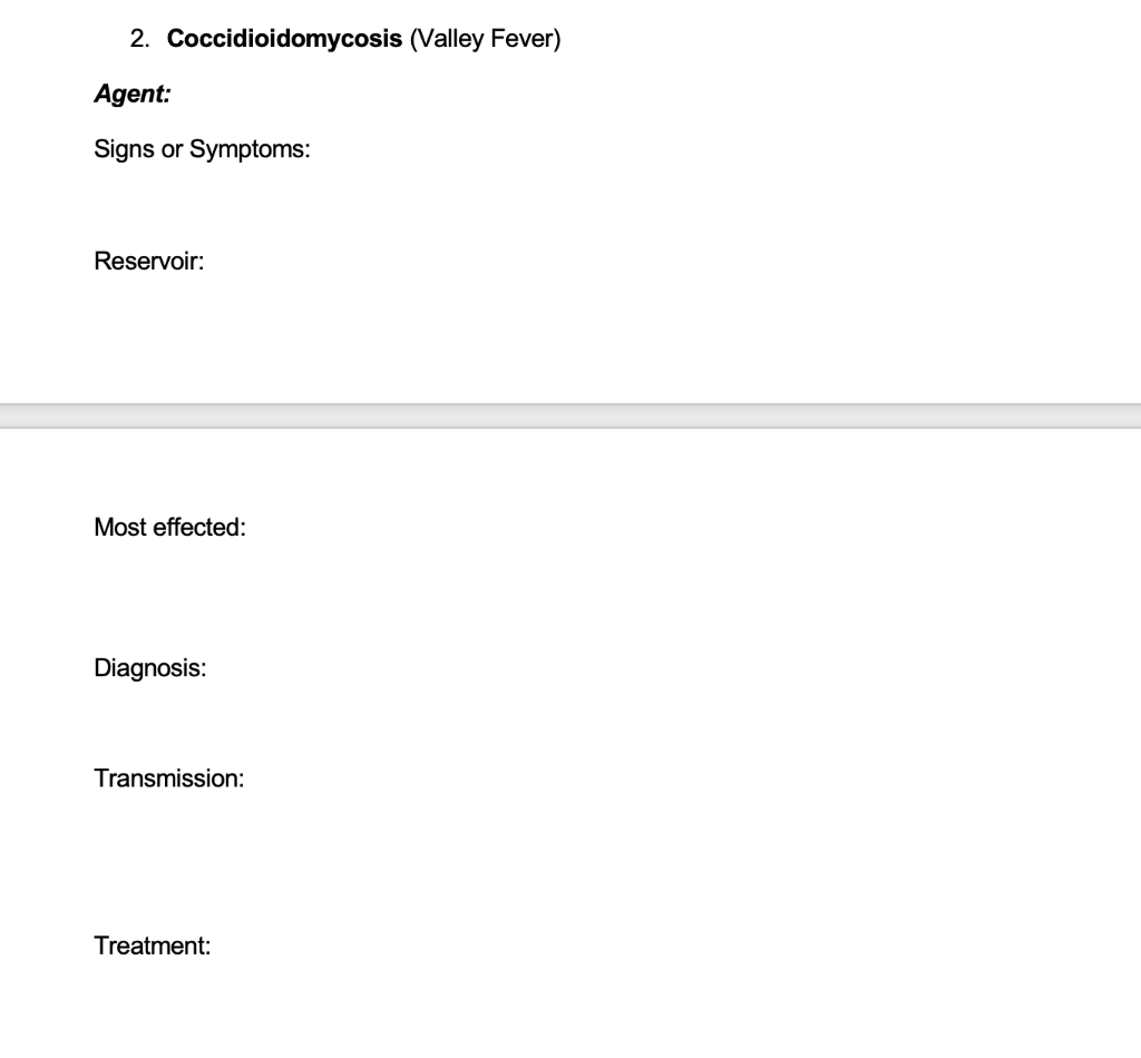 Solved 2. Coccidioidomycosis (Valley Fever) Agent: Signs or | Chegg.com