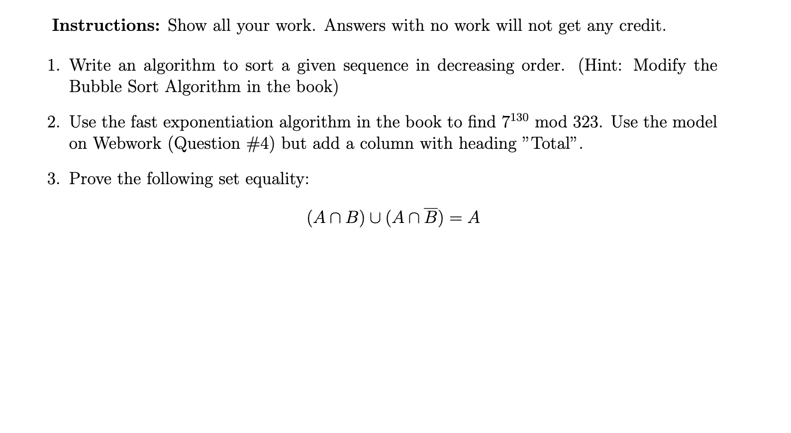 Solved Instructions: Show all your work. Answers with no | Chegg.com