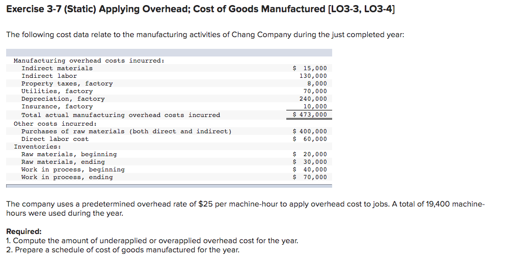 Solved Exercise 3-7 (Static) Applying Overhead; Cost of | Chegg.com