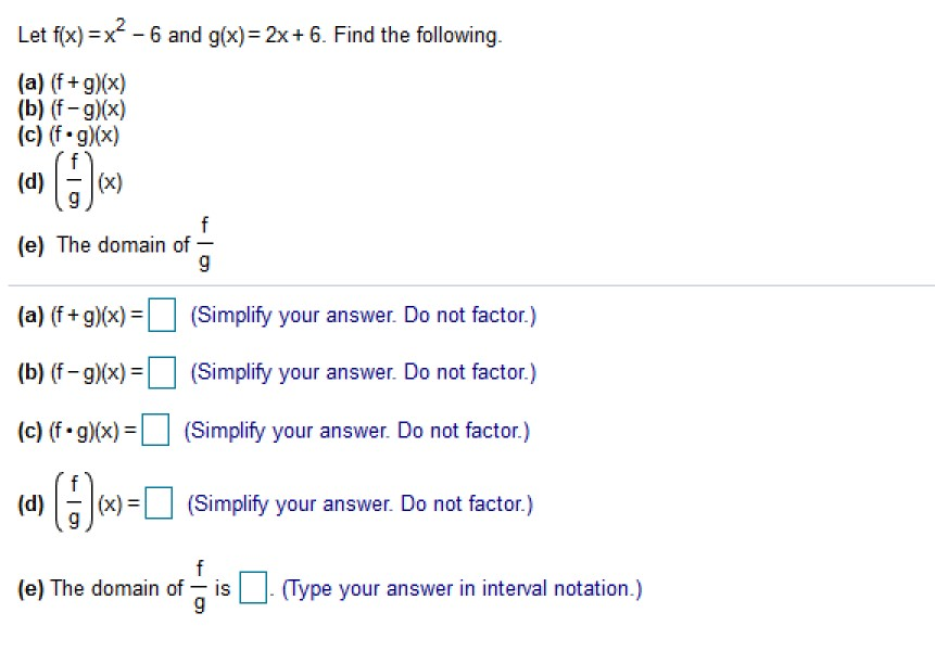 Solved Let f(x)=x2-6 and g(x)=2x + 6. Find the following. | Chegg.com