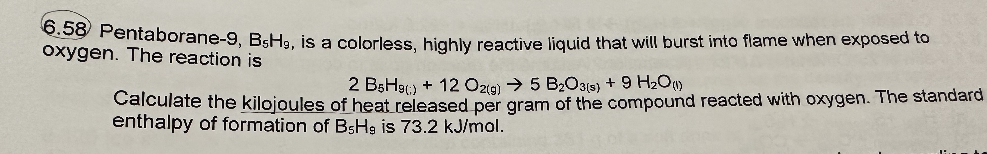 Solved 6.58) Pentaborane- 9, B5H9, is a colorless, highly | Chegg.com